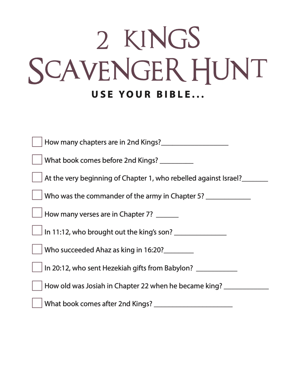 FREE 2 Kings Bible Scavenger Hunt