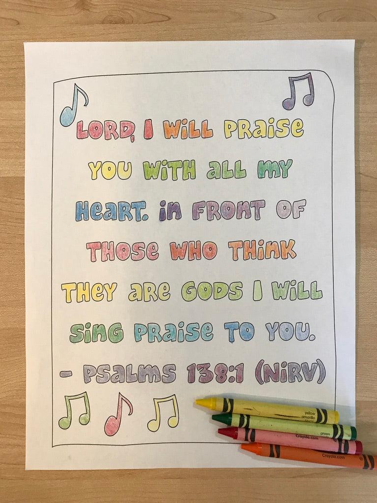 Psalms 138:1 Bible Verse Coloring Page – Children's Ministry Deals